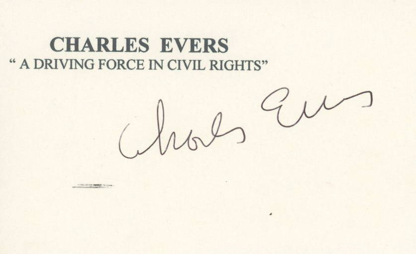 Charles Evers Civil Rights Activist: Brother Of Medgar Evers Autographed 4 X 6" Card