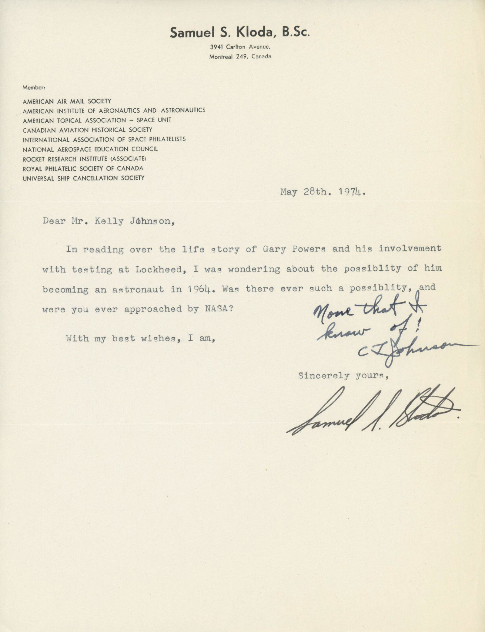 Clarence Leonard "kelly" Johnson Lockheed Engineer Autographed Note ...