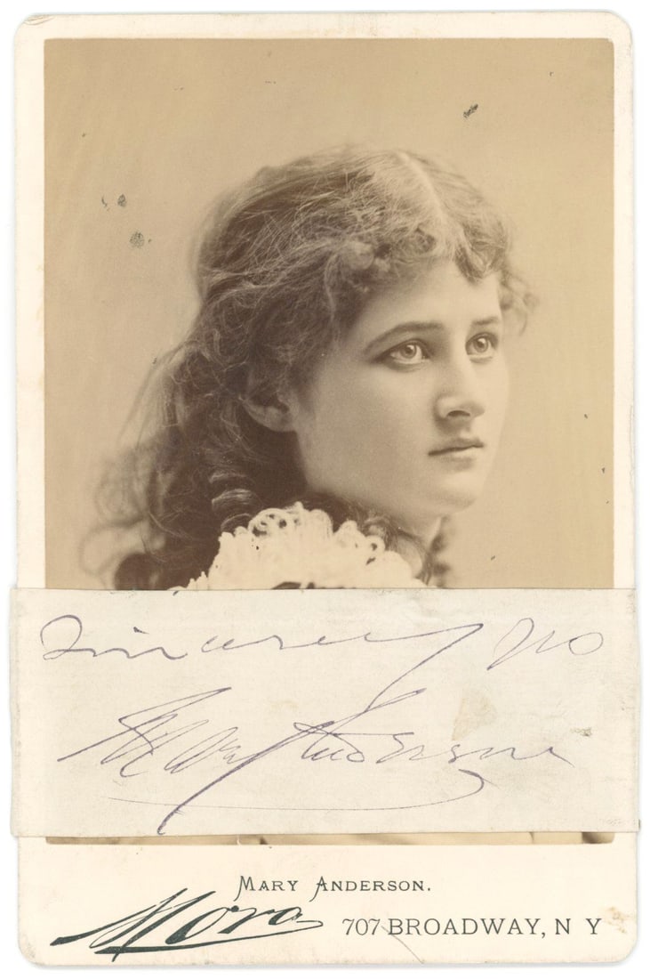 Mary Anderson - 19th Century Theatre Actress - Cabinet Card W Affixed Clipped Autograph Auction