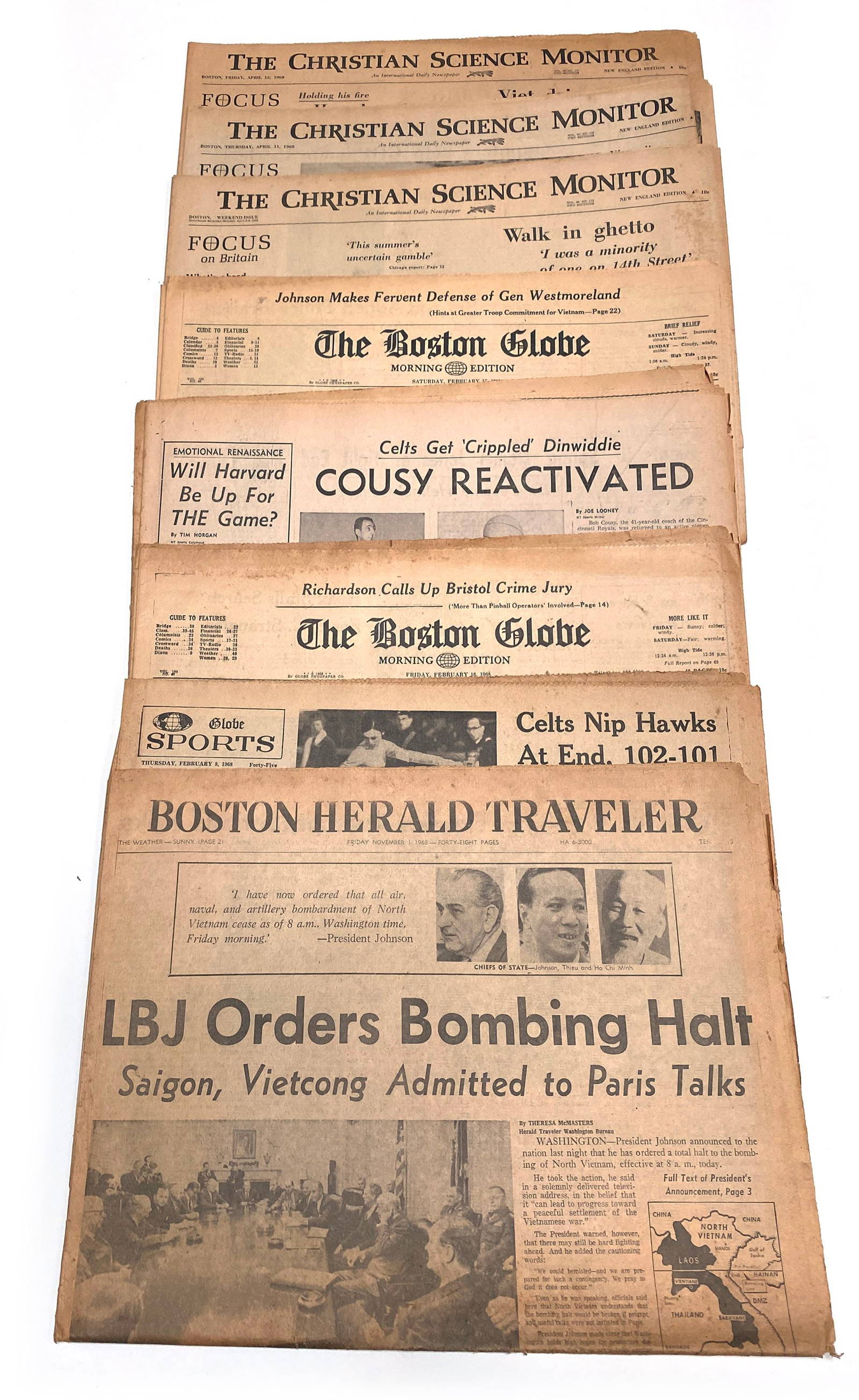 1968 News - Collection Of 8 Boston Newspapers Including Vietnam, Lbj ...