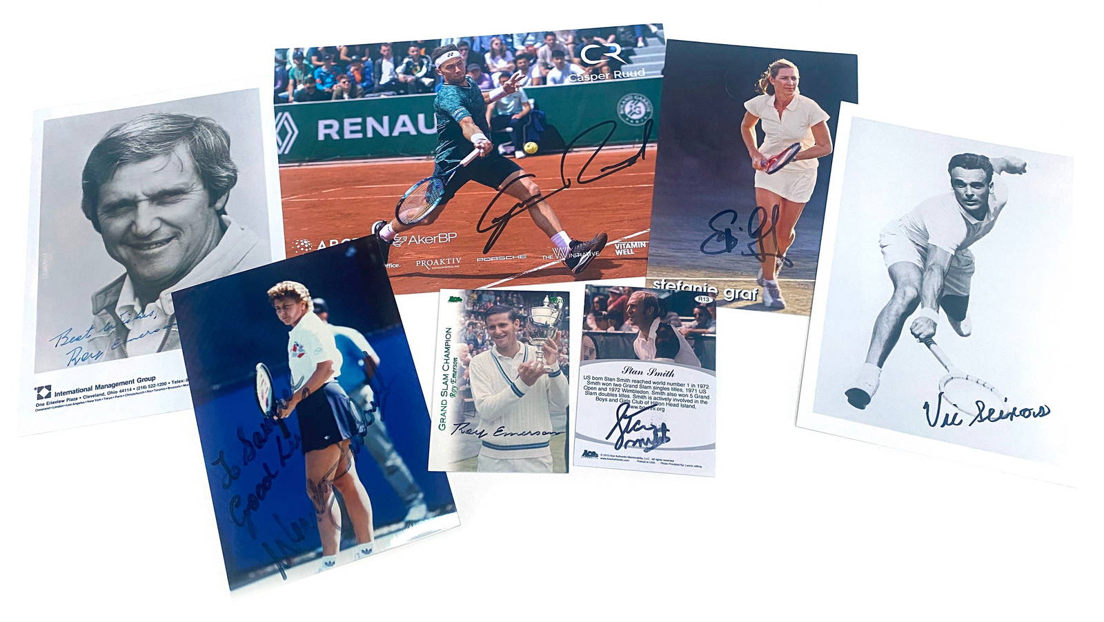 Tennis Collection Of 7 Autographed Photographs & Cards: Laver, Smith ...