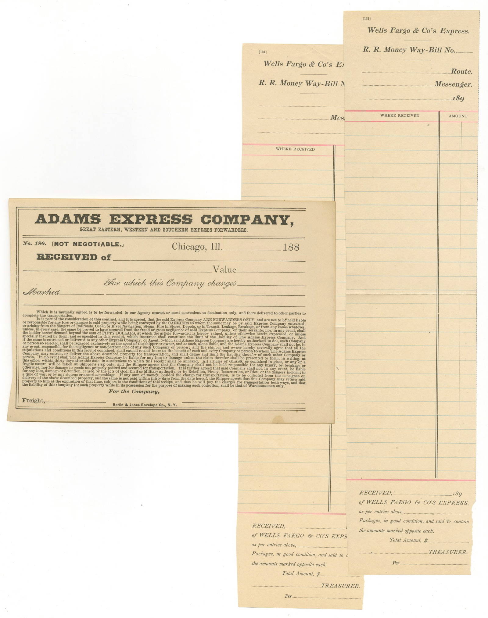 Adams Express Company & Wells Fargo & Co. Blank Late 19th Century Forms ...