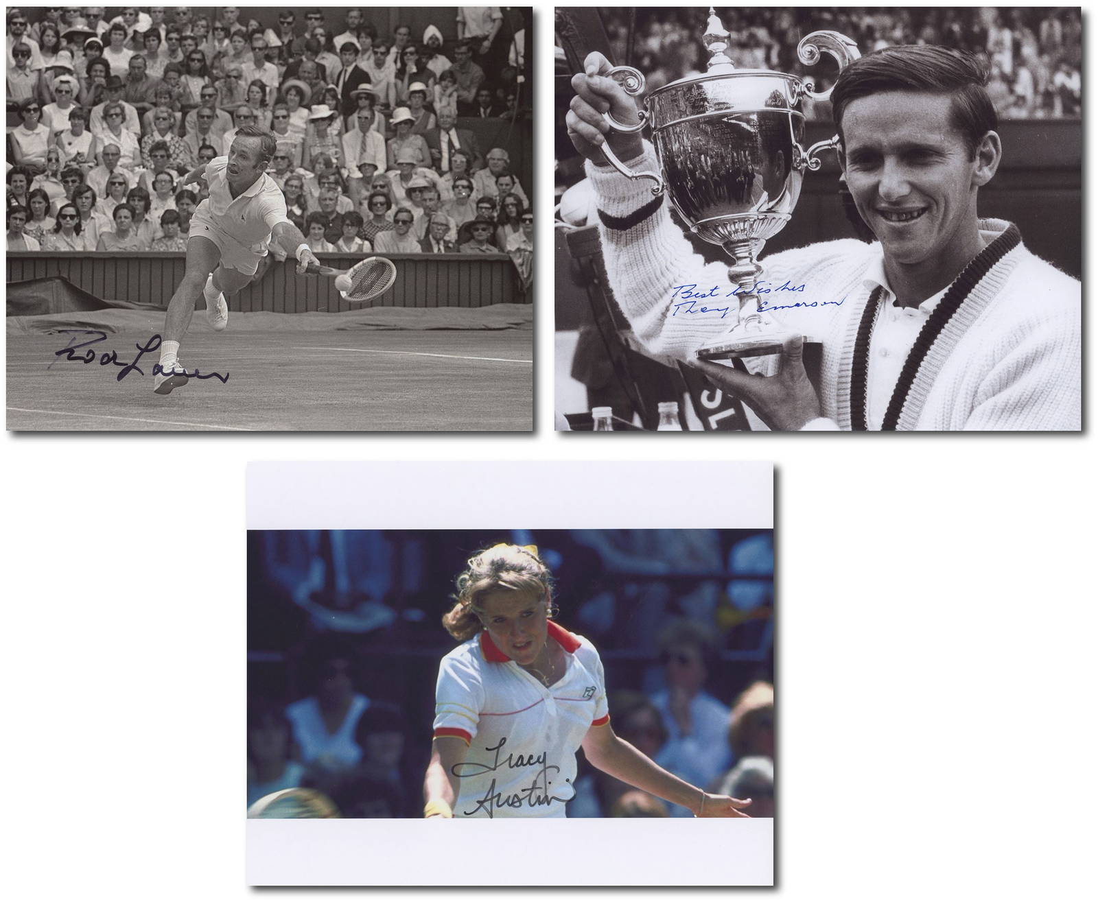 Tennis Collection Of 3 Autographed Photographs: Rod Laver, Roy Emerson ...