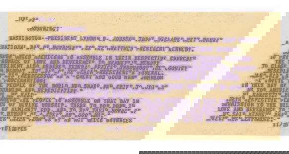 John F. Kennedy Assassination Teletype 11/23/63 - President Eisenhower Visit's Jfk's Body Auction