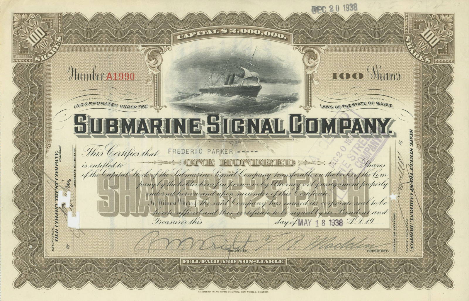 Submarine Signal Company 1938 Stock Certificate Auction