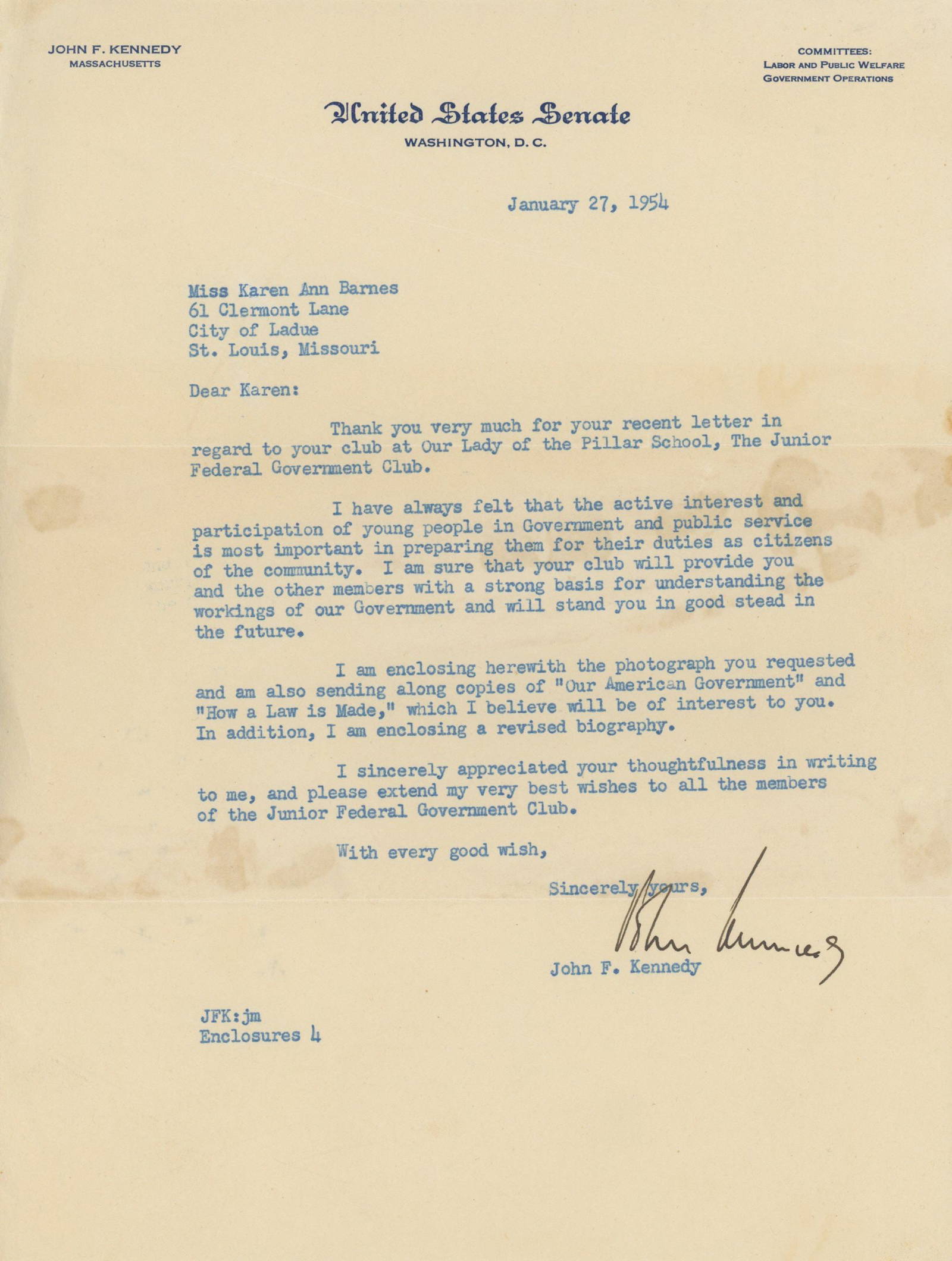 John F. Kennedy - 35th U.s. President - Autographed 1954 Tls With ...