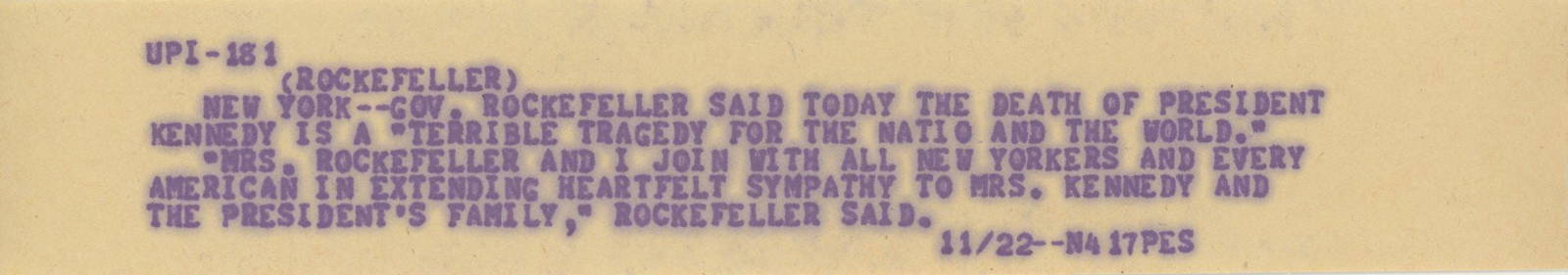 John F. Kennedy Assassination Teletype 11/22/63 Re. Report Of Statement From Nelson Rockefeller