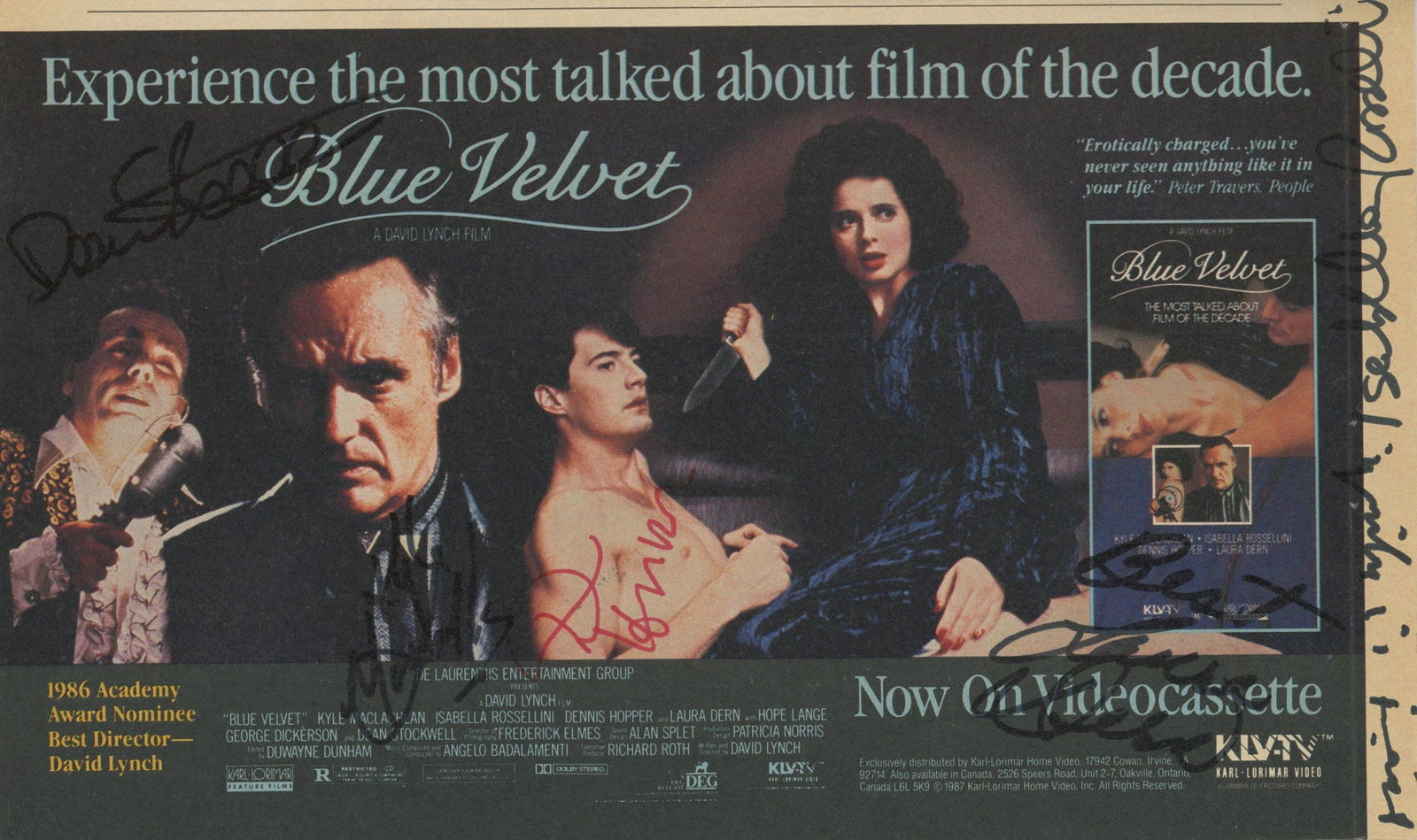 "blue Velvet" Cast Autographed Ad. By David Lynch, Maclachlan ...