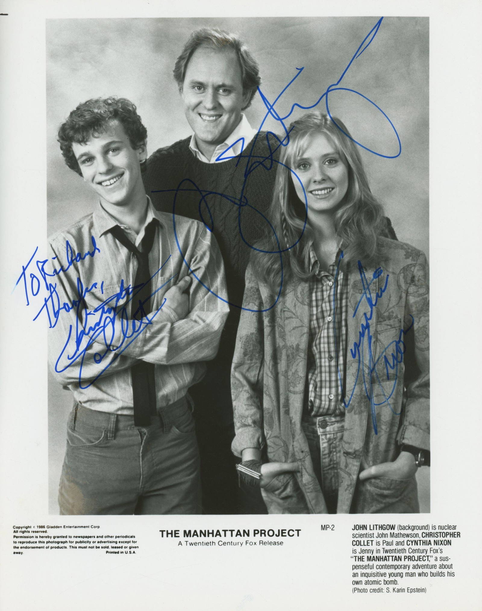 "the Manhattan Project" Cast Autographed 8 X 10" By John Lithgow ...