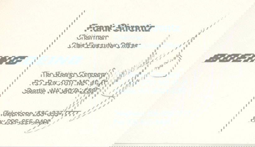 Frank Shrontz Boeing Ceo Autographed Personal Boeing Business Card