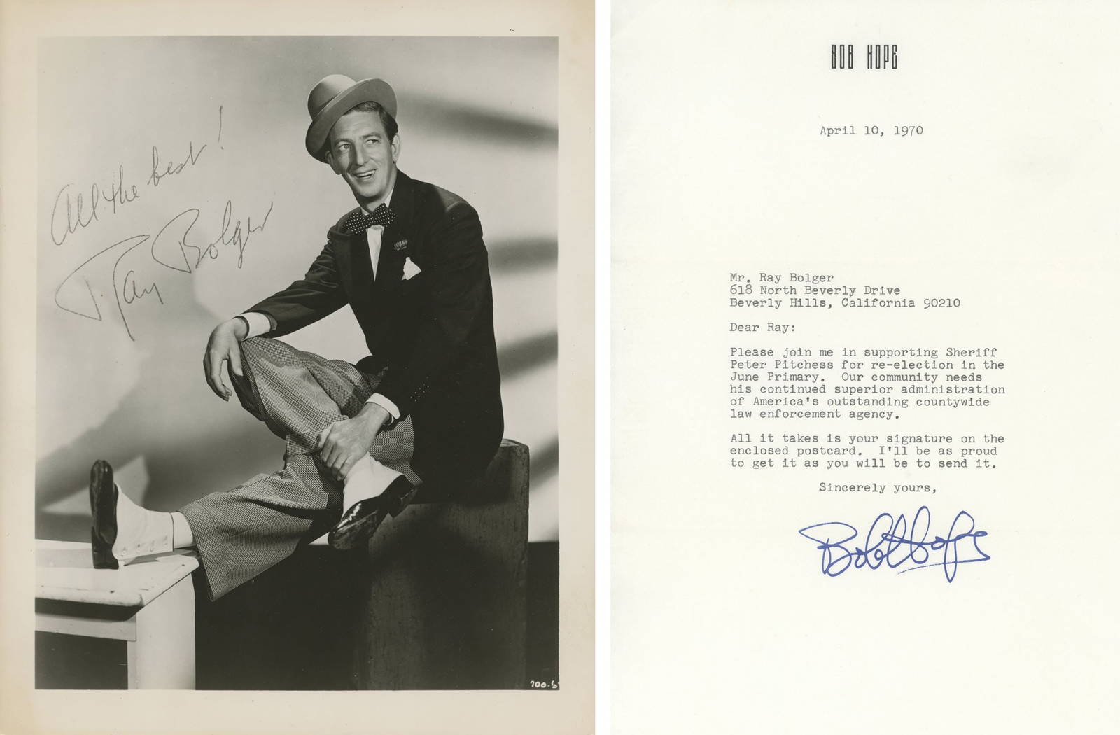Ray Bolger Personal Items Group Of 2 W/ Facsimile Signed 8 X 10 & Bob ...