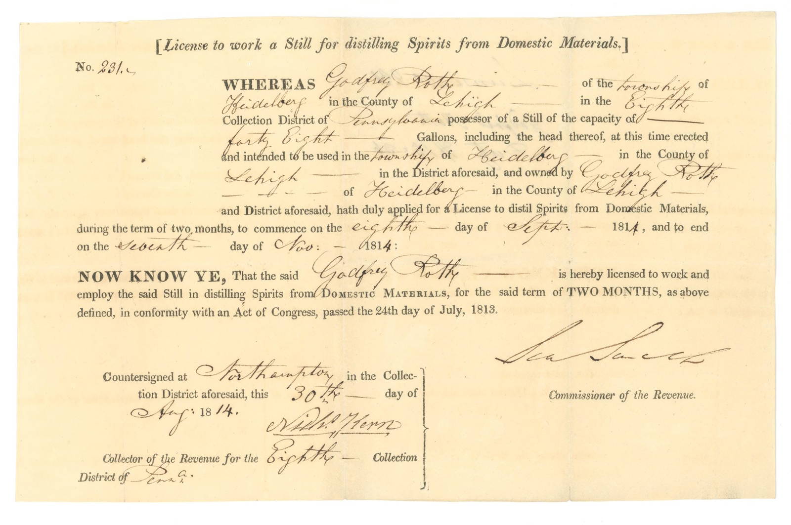 Samuel Harrison Smith – 1814 Pennsylvania Liquor License Signed As ...