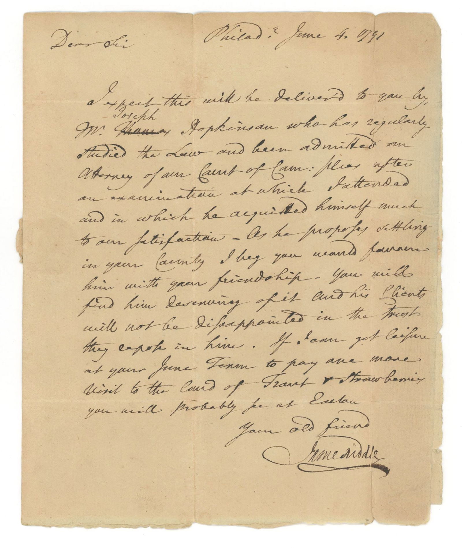 James Biddle – 1791 Autograph Letter – Reference For Joseph Hopkinson ...