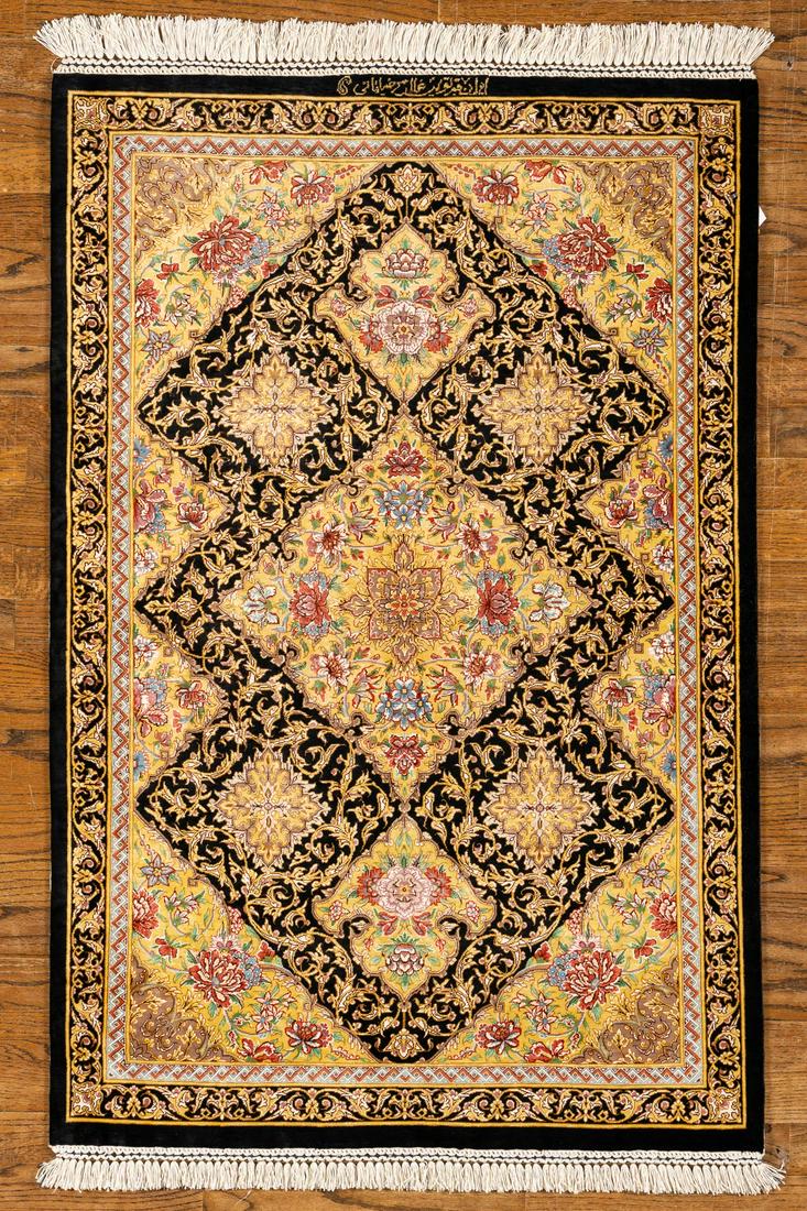 100% Silk, Qum, Black / Gold (rectangle) Origin: Iran- Hand-knotted ...