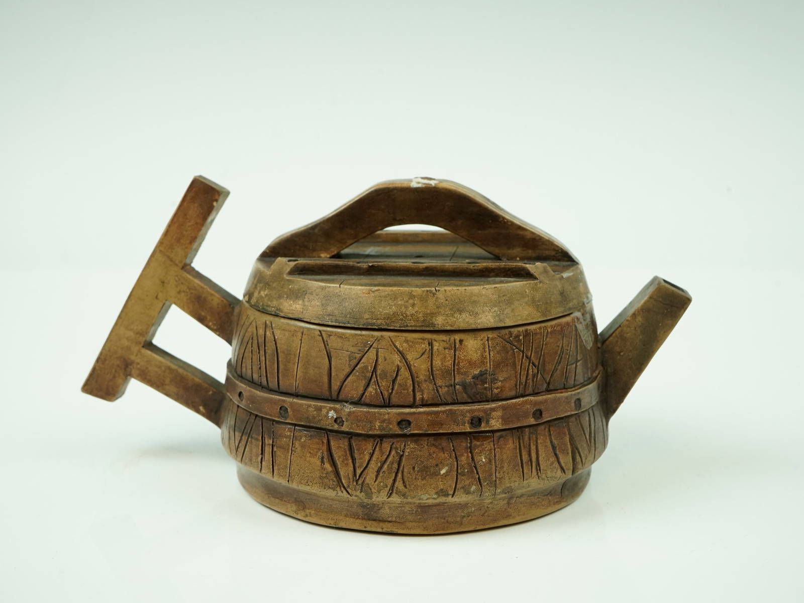 Fine Chinese Yixing Clay Wooden Barrel-form Teapot,qing Dynasty Auction