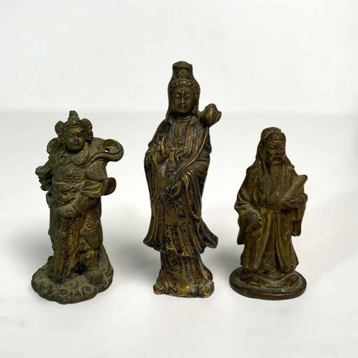 3 Small Chinese Immortal Gods Figures,19th Century