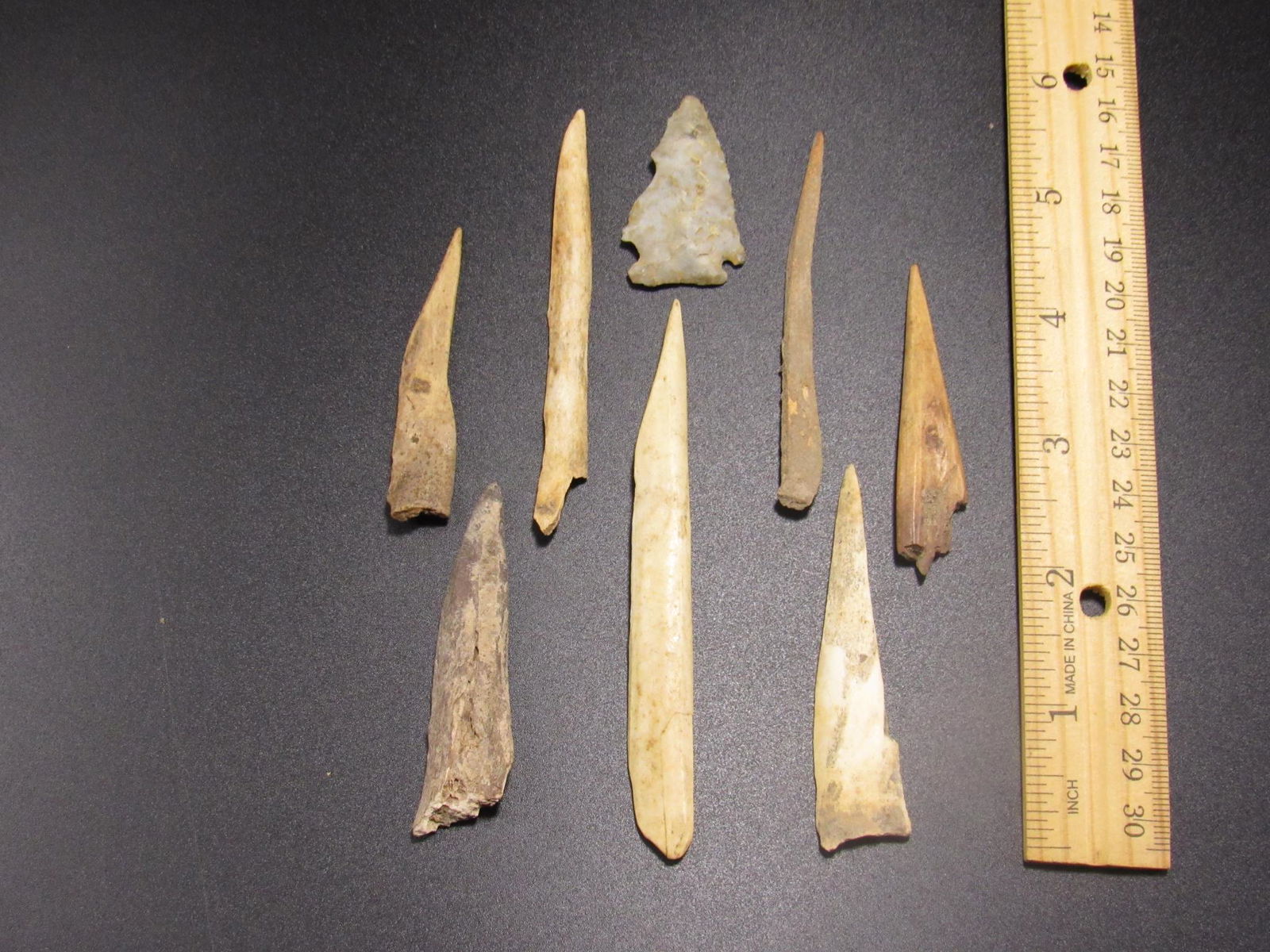 Seven Prehistoric Indian Bone Awls/Tools and One Flint Arrowhead - Aug ...
