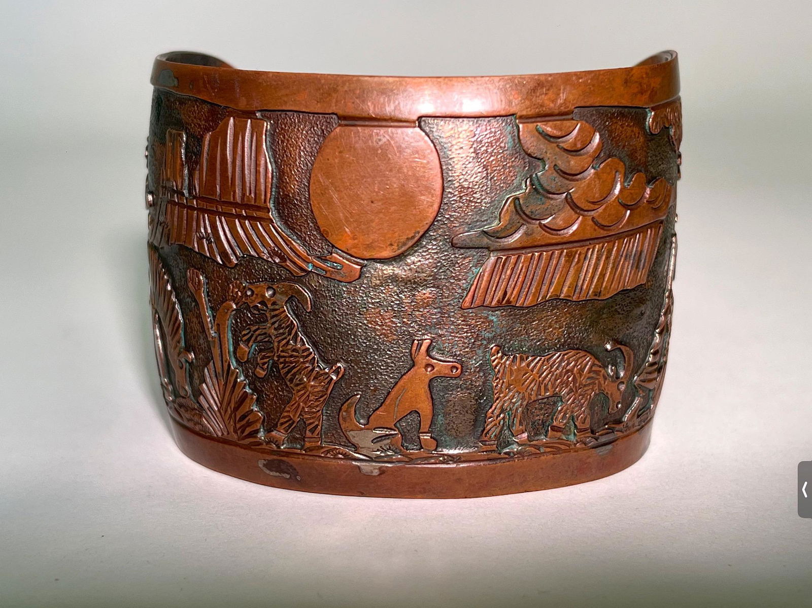 Vintage Navajo Storyteller Overlaid Copper Cuff by Elaine Becenti ...