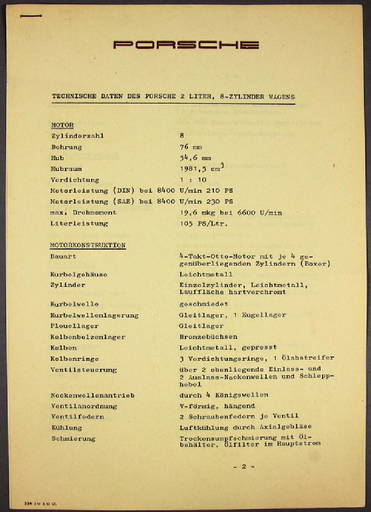 Porsche Original Print Technical Data Sheet Porsche