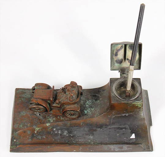 Around 1905, Desk Tray Bronze With Inkpot And Car, With