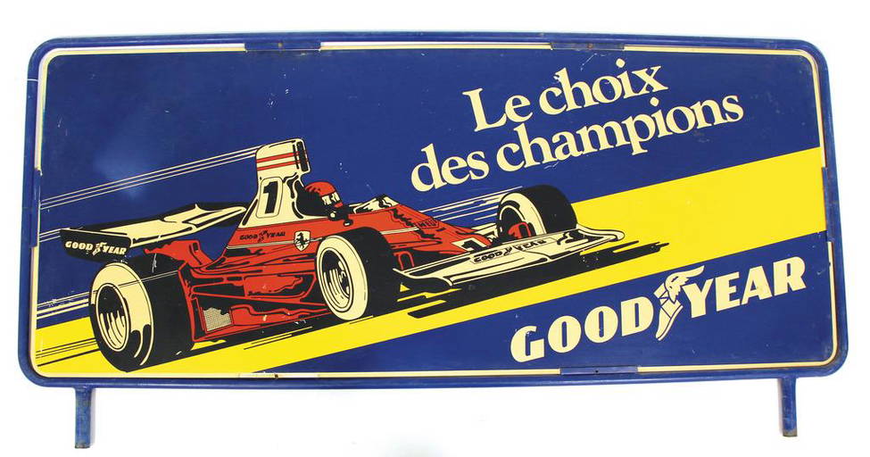 GOODYEAR / FERRARI c. 1975, , tin advertising sign lithographed "Le ...