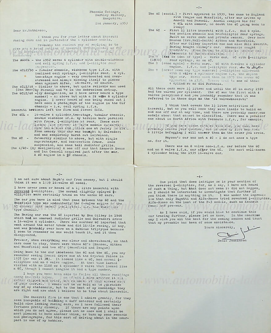 Maserati January 2, 1954, 4 Pages Letter By Denis Jenkinson To Taso ...