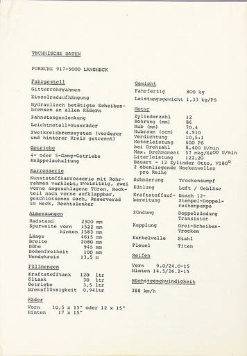 Porsche, 1971, Engineering Data, Porsche Type 917 5000