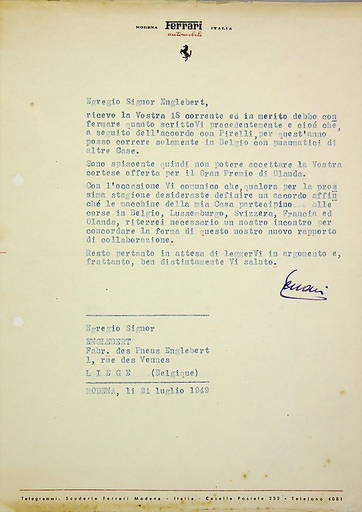 Ferrari, Modena 1949, Letter By Enzo Ferrari To "signor