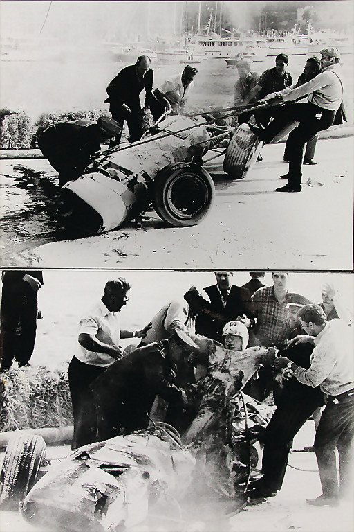2 rare press photos accident Bandini, Monaco Grand Prix