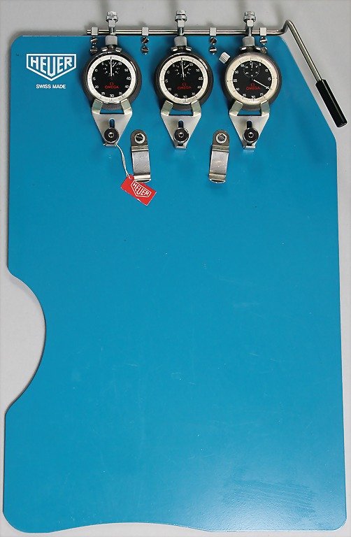 HEUER time studies board inclusive 3 Omega stopwatches,