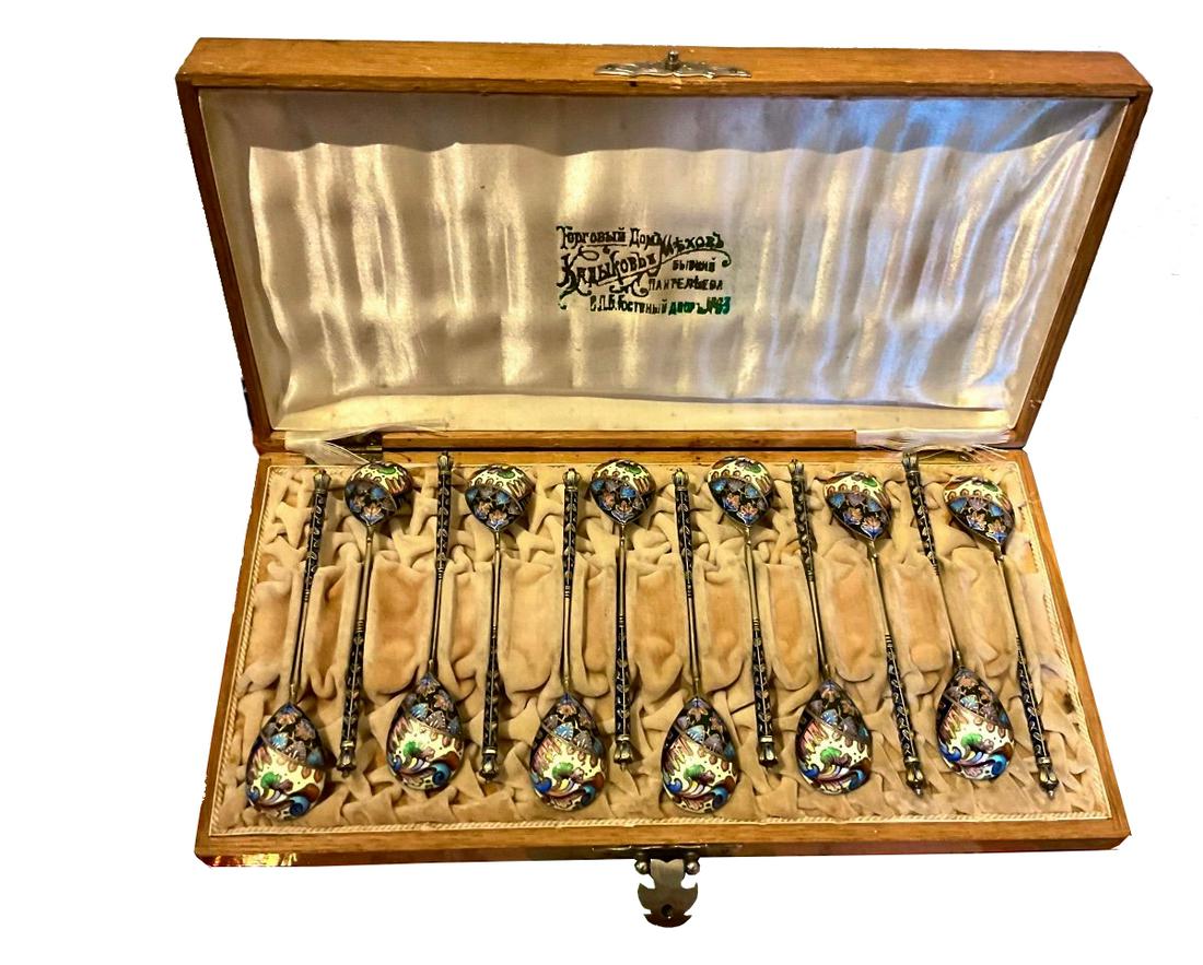 Set Of 12 Antique Russian Imperial Enamel Spoons In Original Box