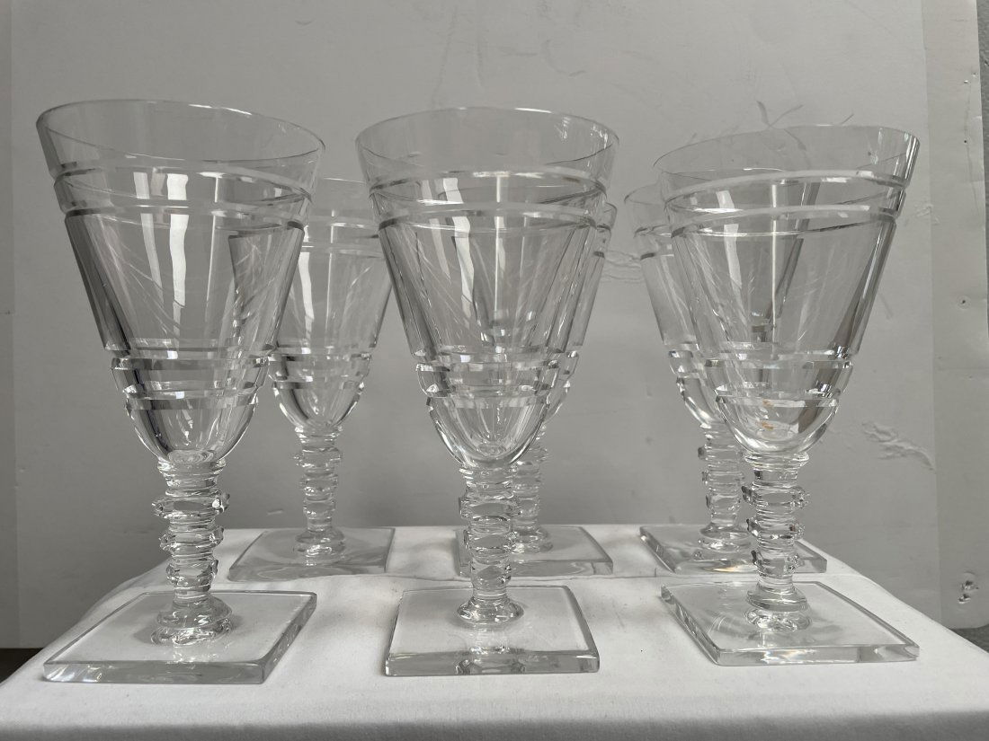 SET OF 6 ART DECO HAWKES (STEUBEN) LEAD CRYSTAL STEMWARE NOTCHED STEM ...