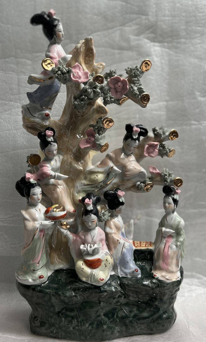 Large Vintage Asian Porcelain Hand Painted Geisha Money Tree Auction