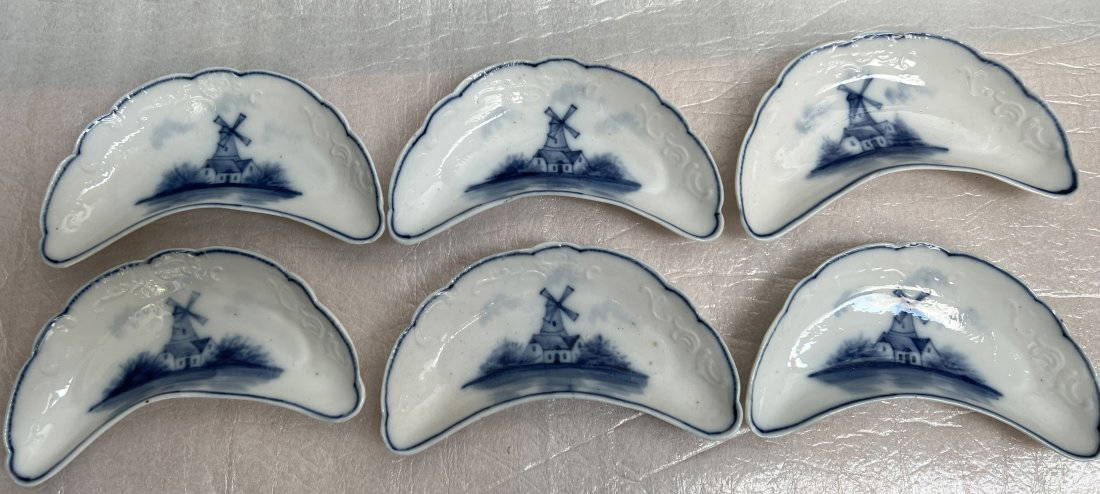 Set Of 6 Vintage Bone Dishes Blue White Windmill Scene Hand Painted ...