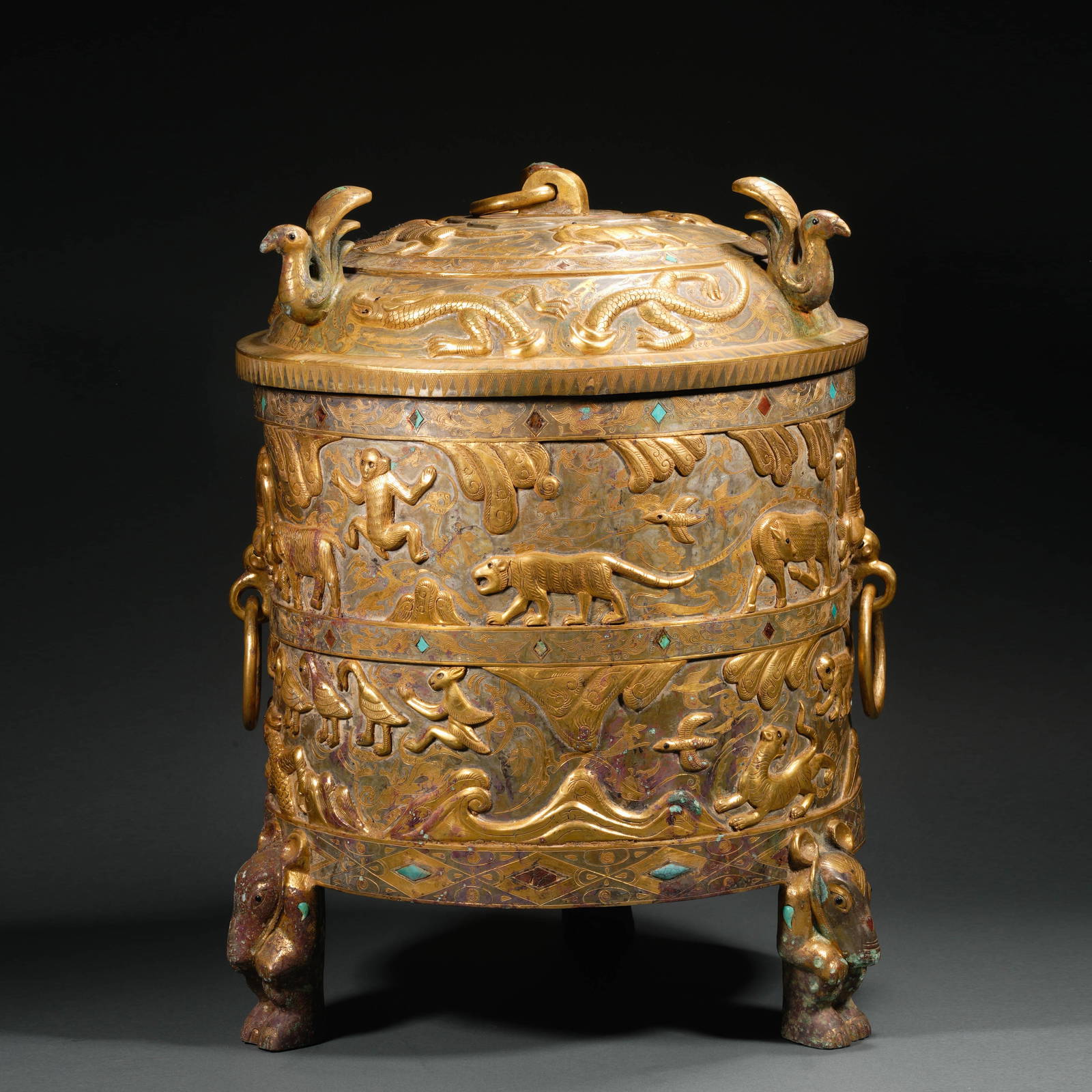 Pre-ming Dynasty Gilt Bronze Three-legged Warehouse With Animal ...