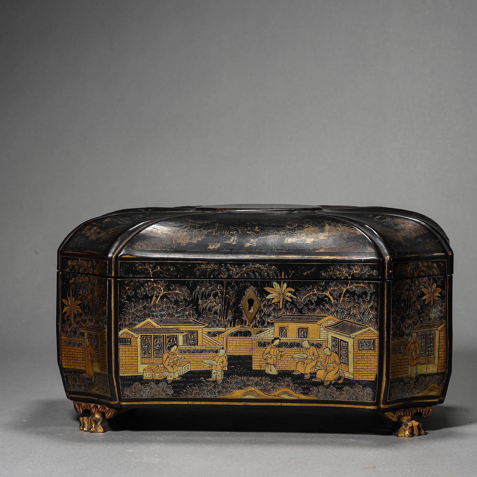 A Chinese Wooden Tea Leaf Box With Golden Mountain And Water Decoration ...