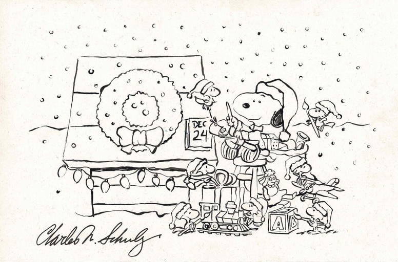 Snoopy Original Christmas Drawing With Full Charles M Schulz Signature
