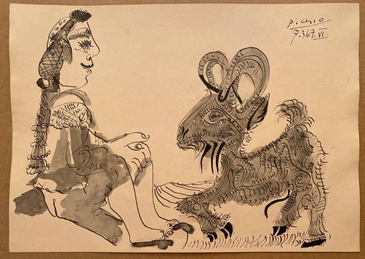 Pablo Picasso Original Drawing Seated Shepherd And Goat