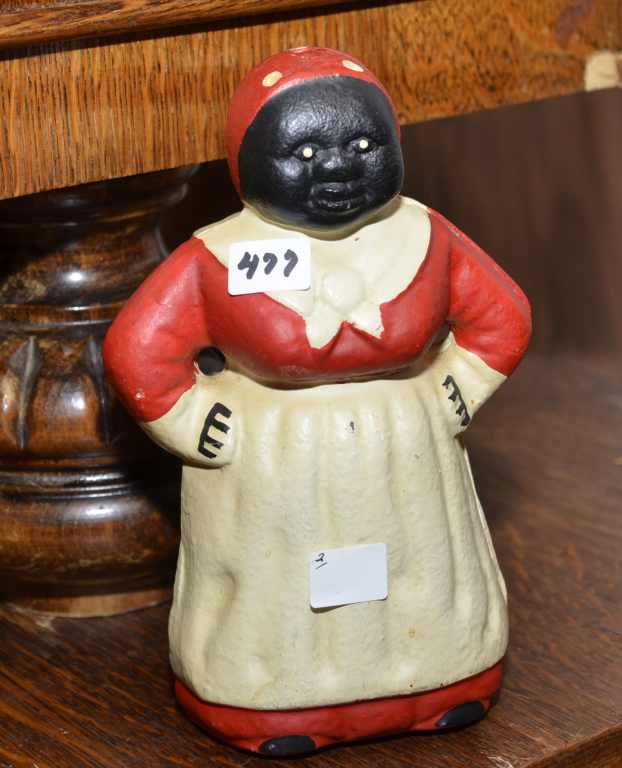 CAST IRON VINTAGE STYLE MAMMY PENNY BANK, 8" TALL