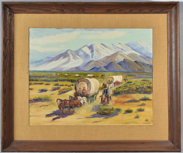 Western Wagon Train Scene, Original Oil On Canvas By J.