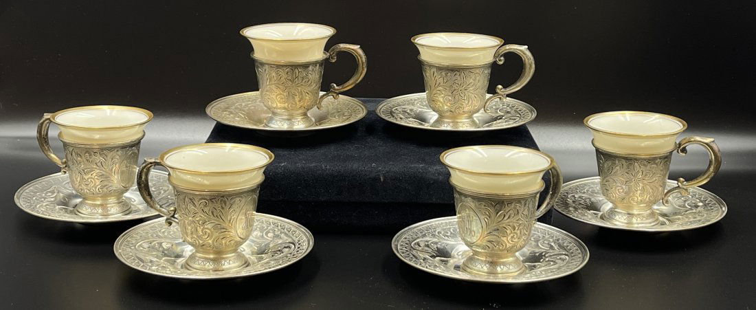 Set Of 6 Lenox & Sterling Silver Demitasse Cups With Saucers