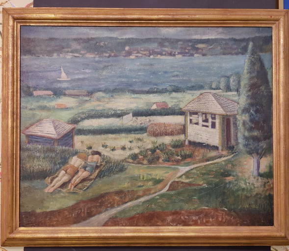 Joseph Biel O/b Painting Sun Bathing Along The Hudson