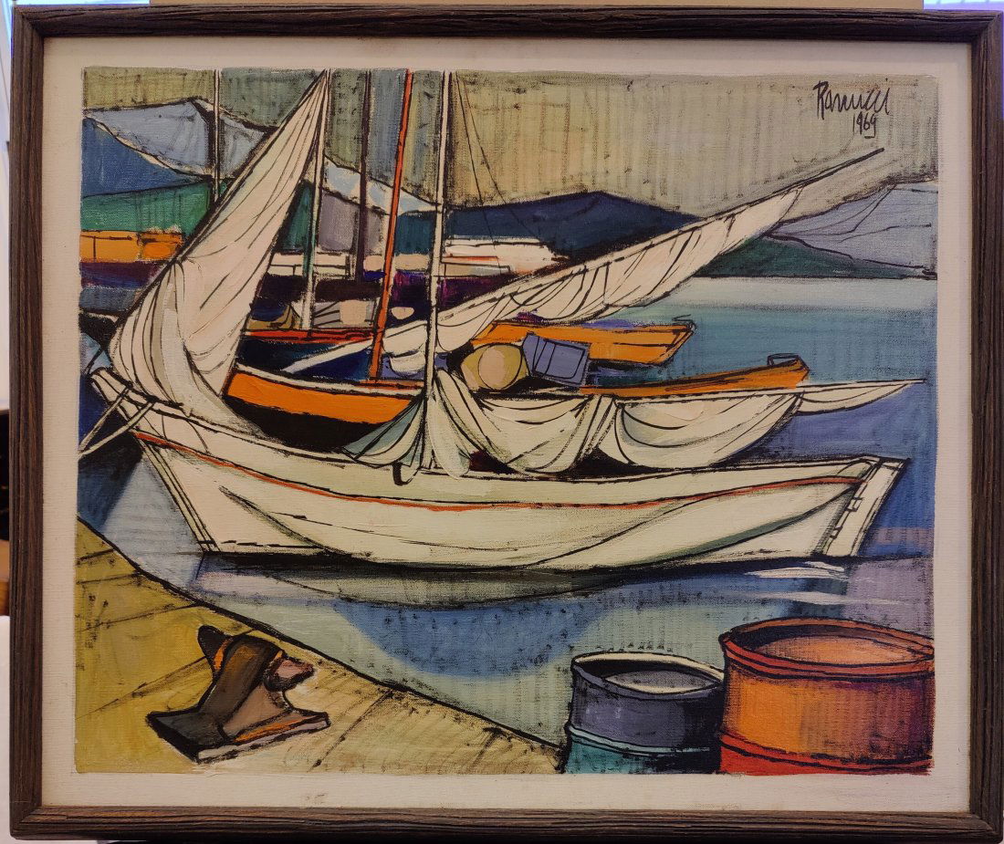 Lucio Ranucci Mid Century Modern O/c Harbor Scape 1969 Auction