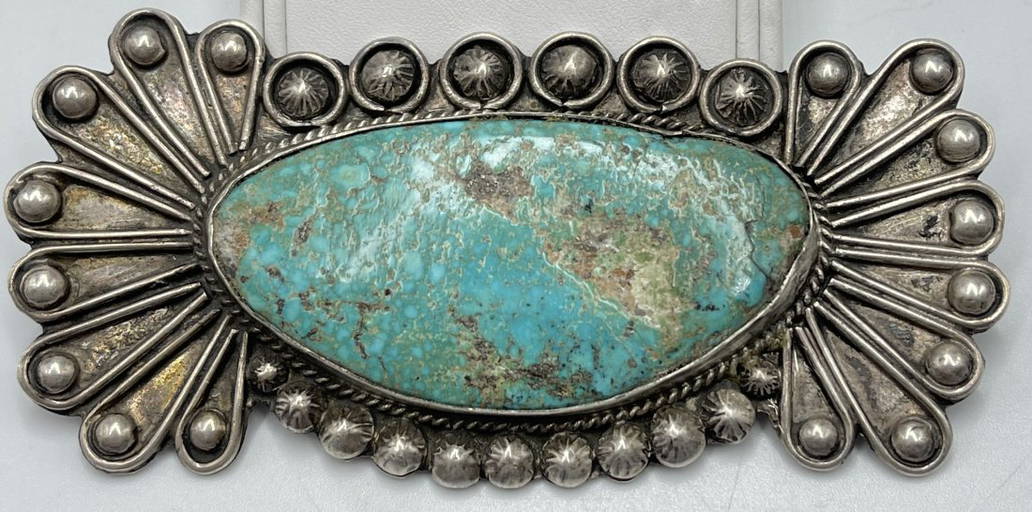 Large Early Native American Sterling Silver & Turquoise Brooch