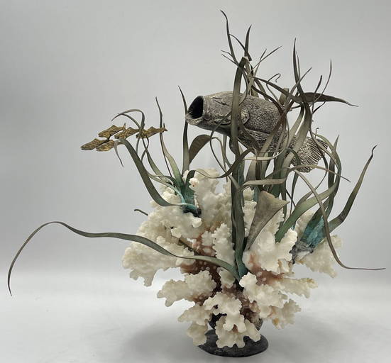 Mid Century Sculpture Of Fish Set In Coral Signed Gregory Higgins