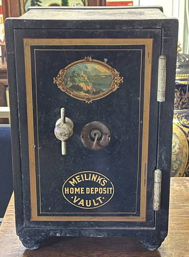 Antique Meilink’s Small Iron Home Deposit Vault Safe Key Lock