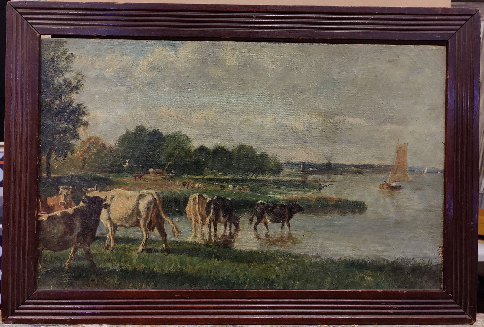 Emile Van Marcke O/c Pastoral Landscape Cows Watering Auction