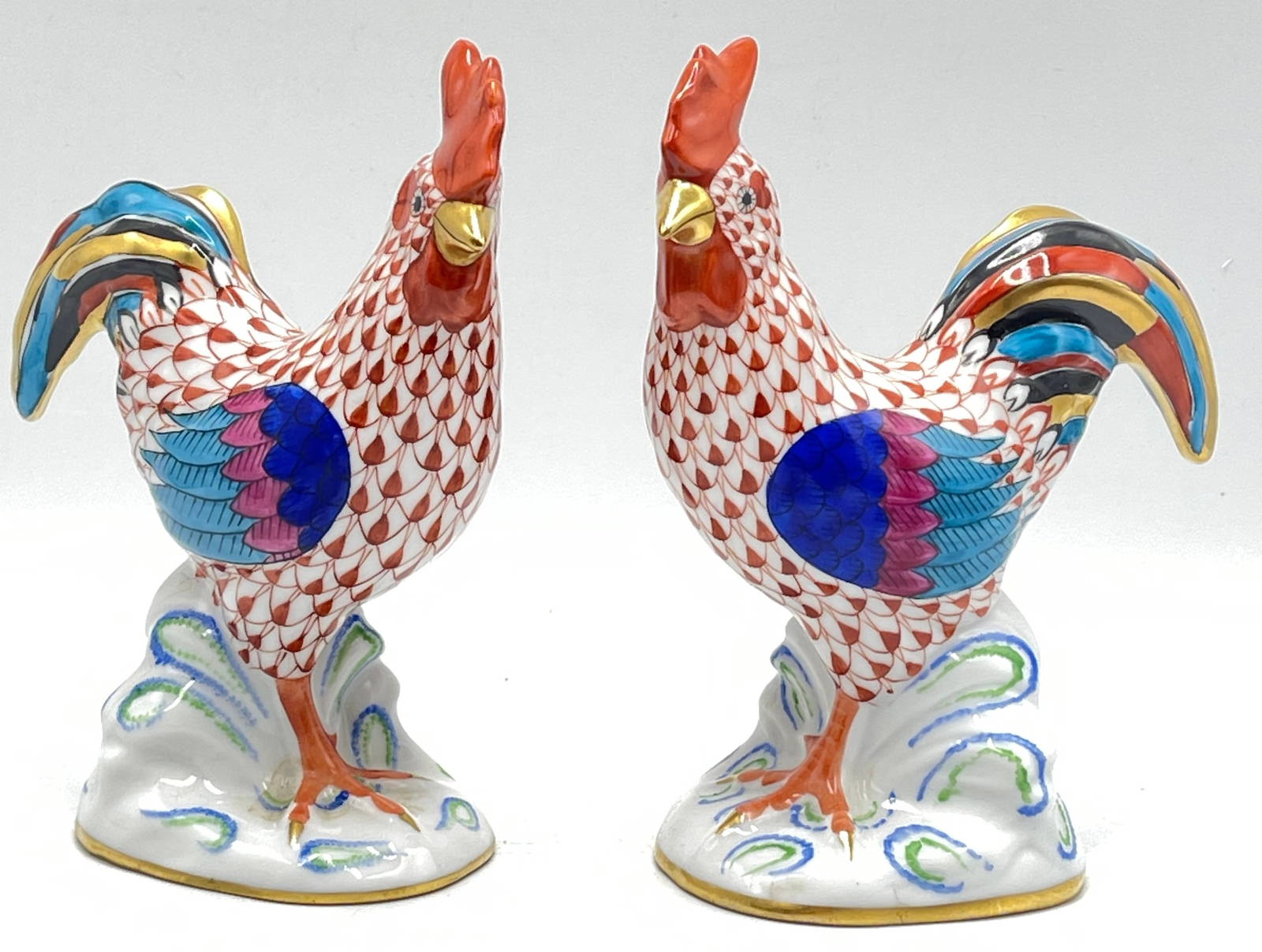 Pair Of Herend Fishnet Rooster Rust Porcelain Figurines Auction