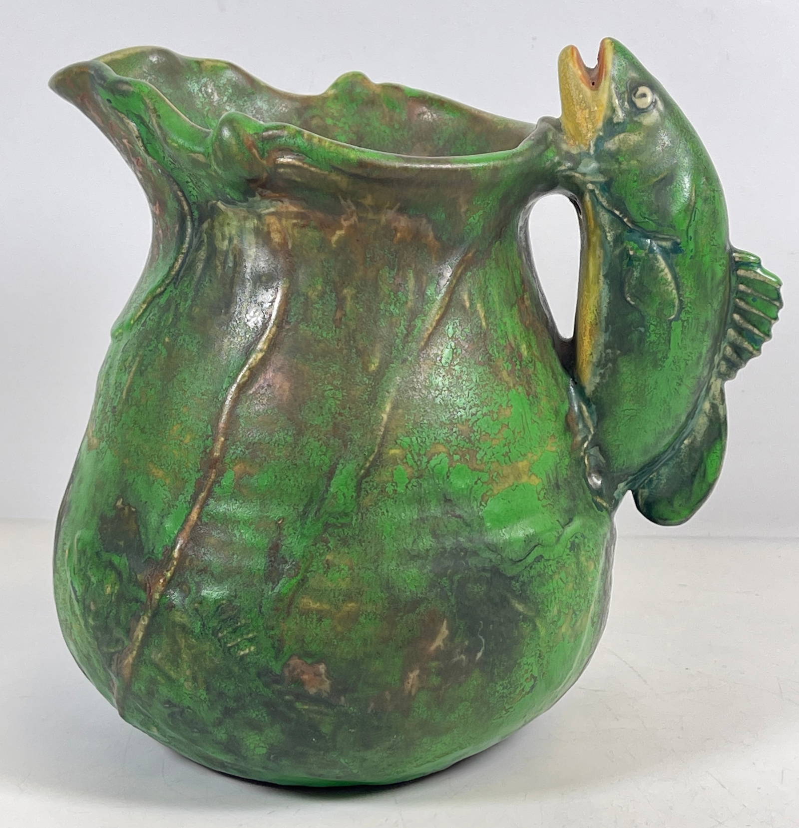 C1920 Weller Pottery Coppertone Matte Green Fish Pitcher Auction