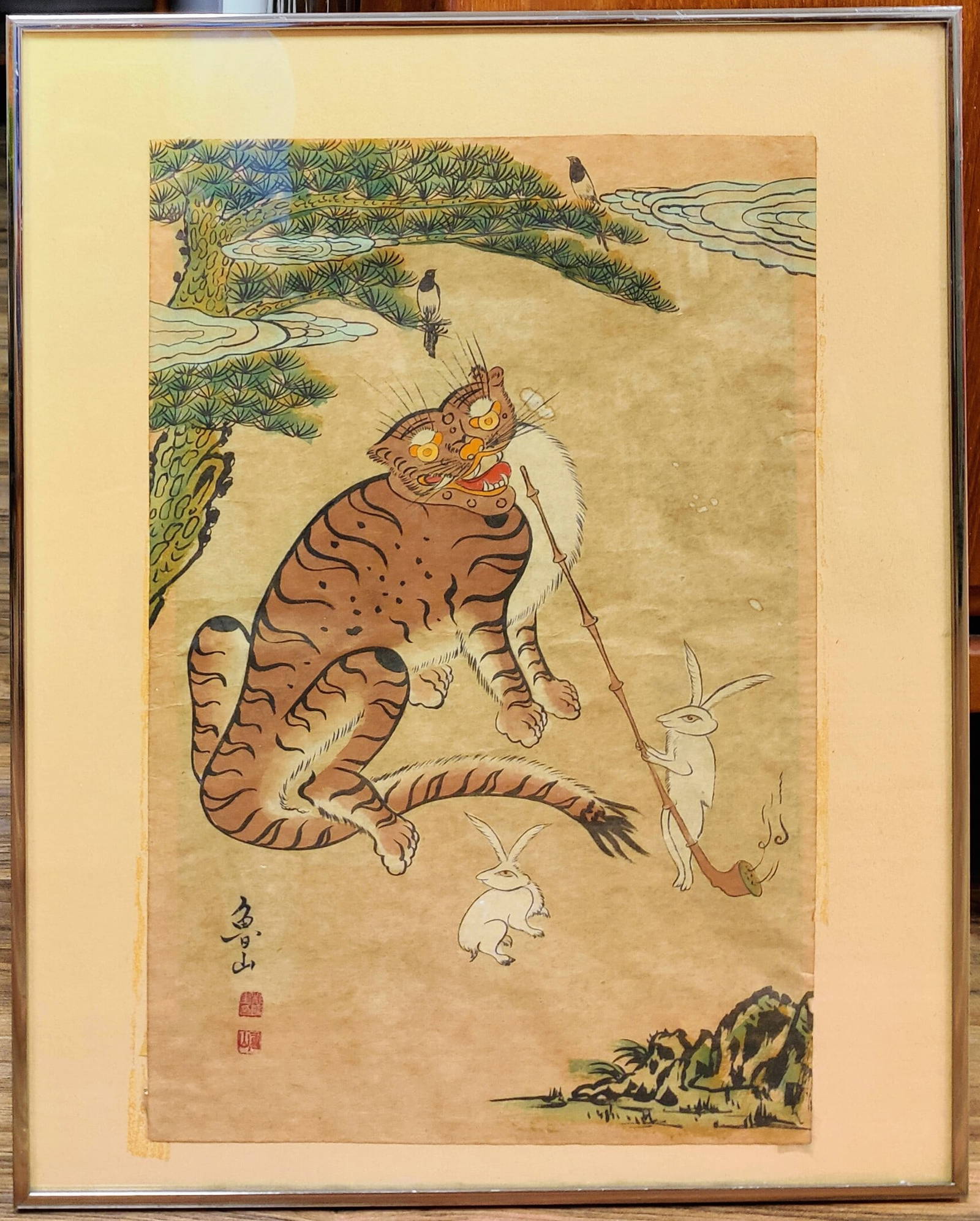 After Kim Hong-do 18th/19th C. Woodblock Tiger & Rabbits Auction